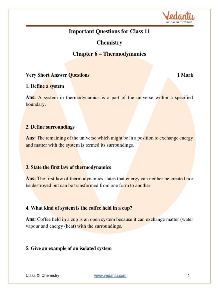 Important Questions For CBSE Class 11 Chemistry Chapter 6 | PDF | Enthalpy | Heat