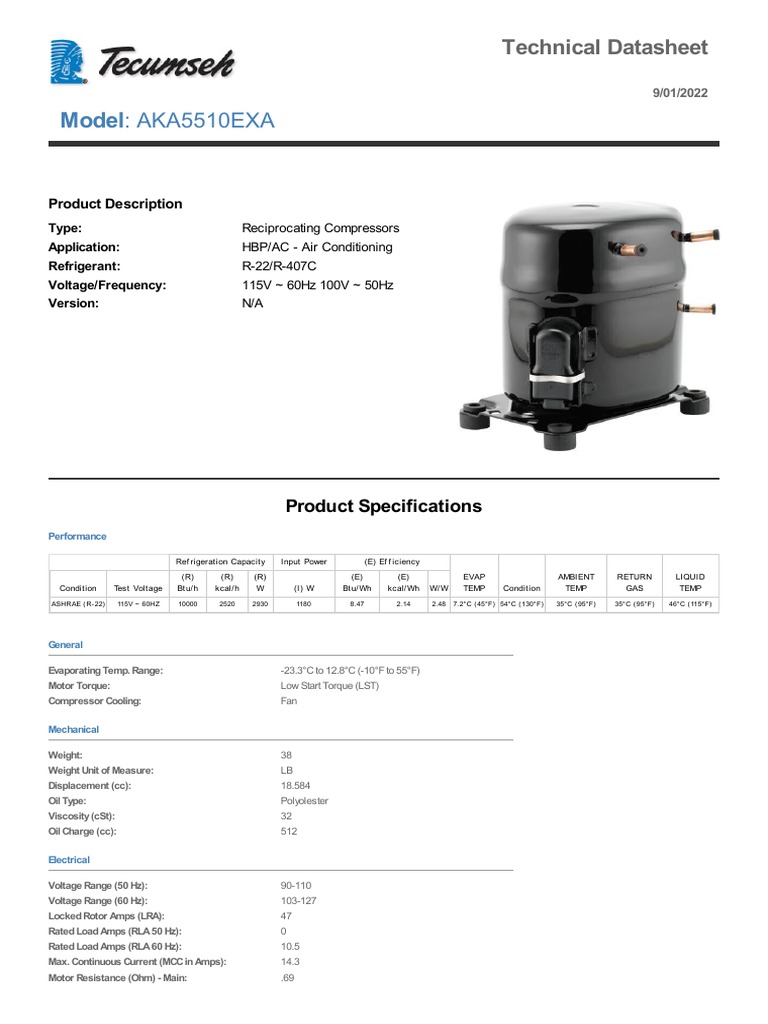 Technical Datasheet for AKA5510EXA Reciprocating Compressor | PDF | Electric Motor | Metrology