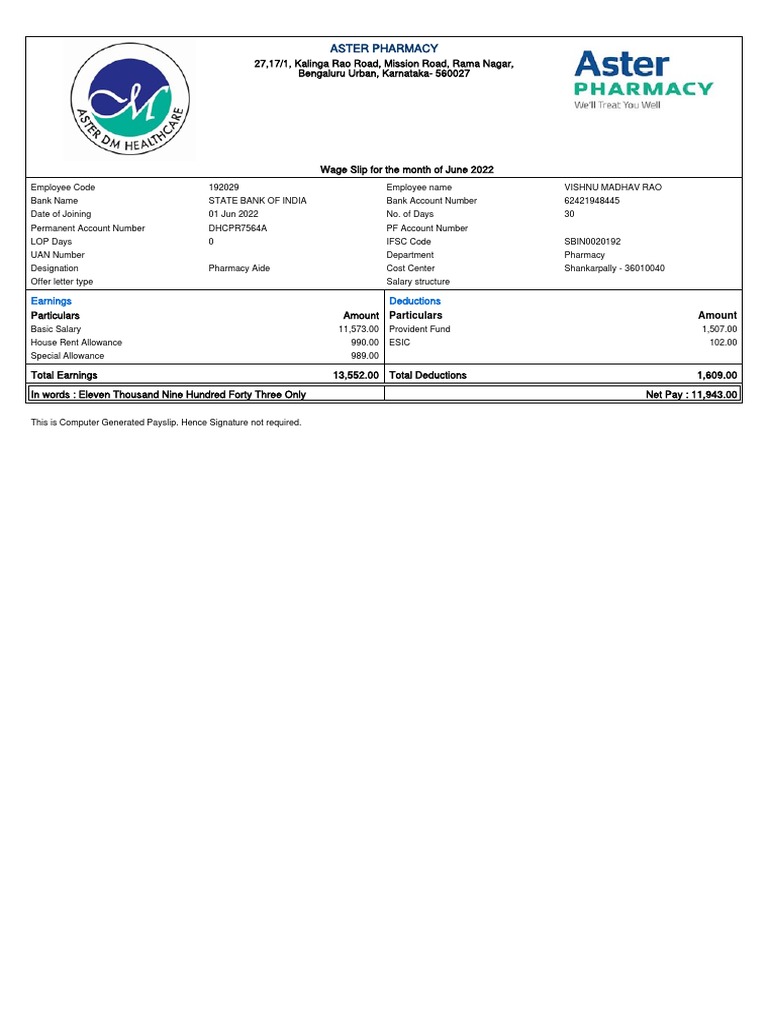 Aster Pharmacy June 2022 Wage Slip | PDF