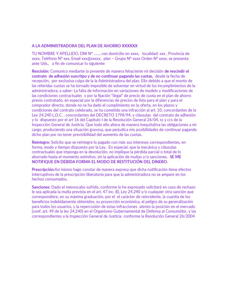 Carta Documento Plan de Ahorro | PDF | Multa (pena) | Justicia