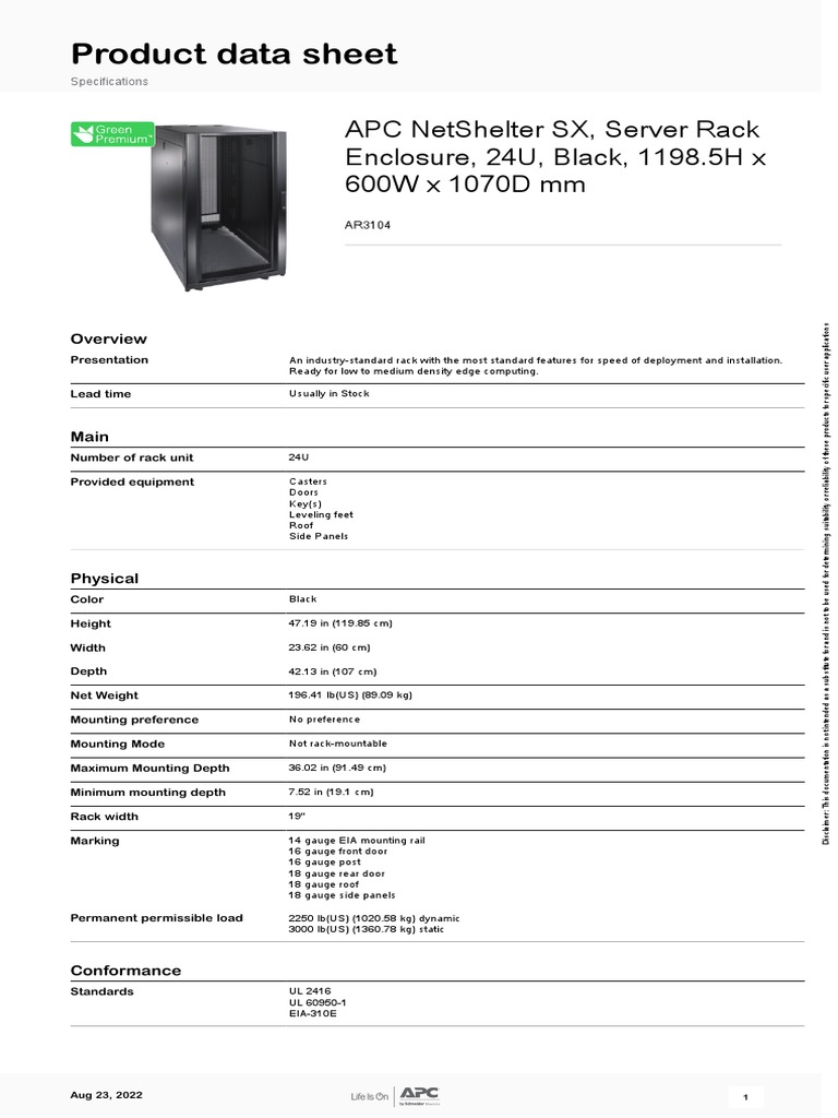 APC AR3104 Server Rack Specifications | PDF | Computing