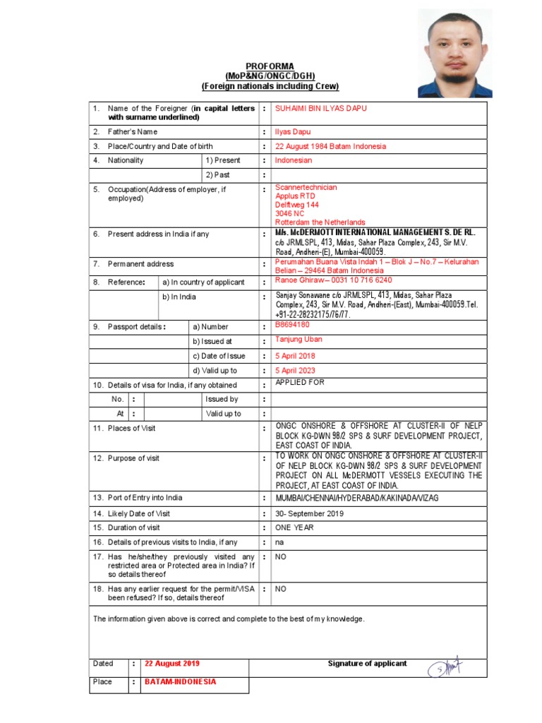 MOHA Application Suhaimi Format - Eastern Offshore Asset Kakinada - ONGC KG98-2-signed | PDF ...