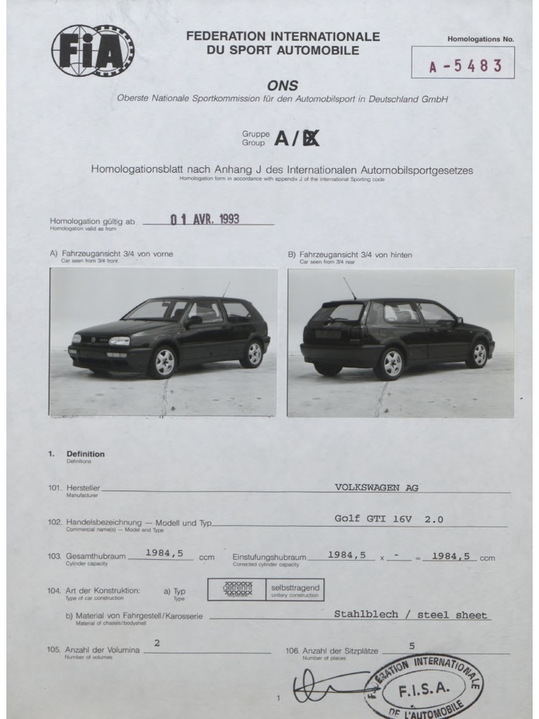 Homologation Golf Gti Mk3 Form Number 5483 Group A | PDF