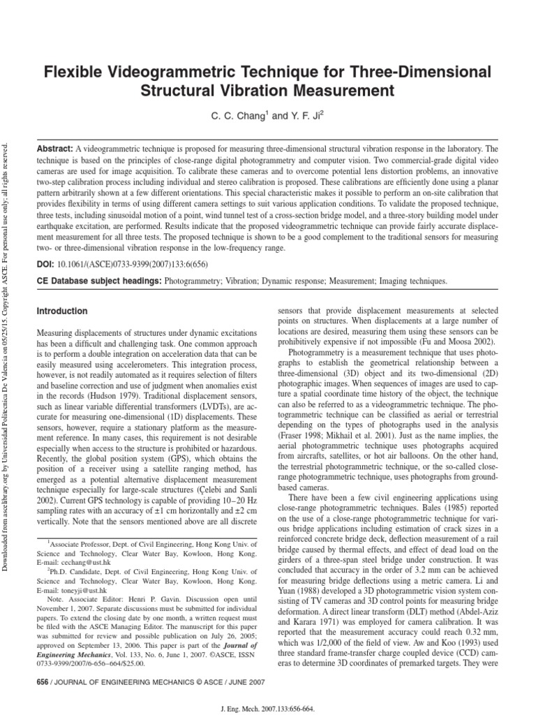 Flexible Videogrammetric Technique For Three-Dimensional Structural Vibration Measurement | PDF