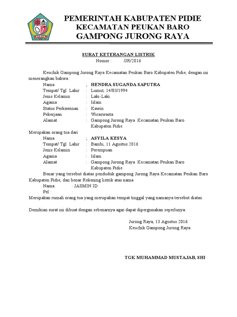 SURAT KETERANGAN Rekening Listrik | PDF