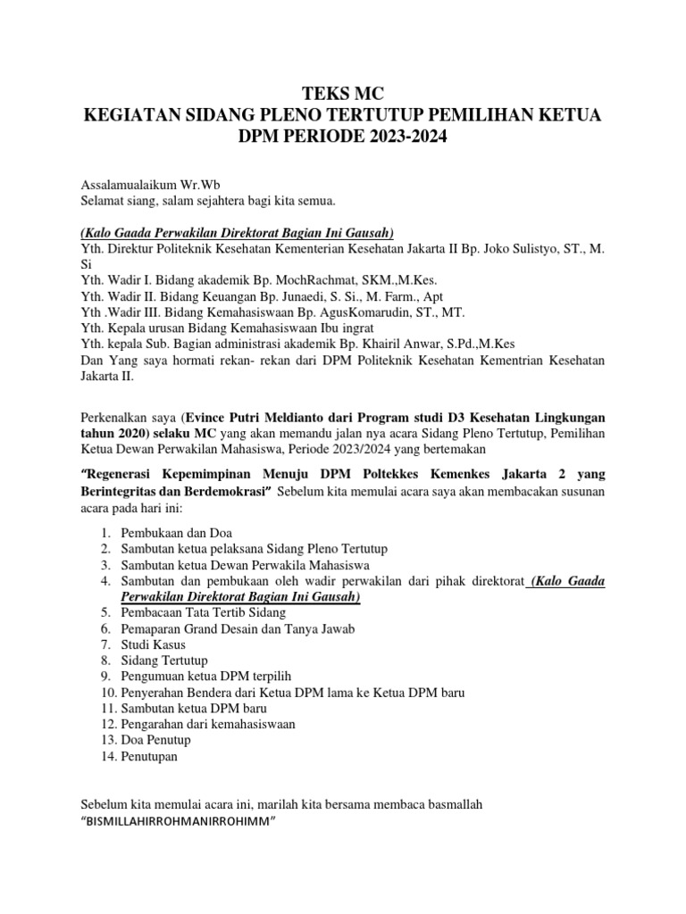TEKS MC Sidang Pleno Pemilihan Ketua Dan Wakil DPM 2023-2024 BARU | PDF
