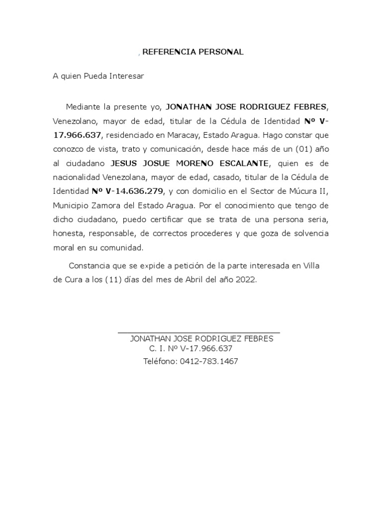 Carta de Referencia Personal | PDF