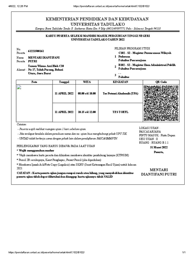 Kartu Ujian Mentari | PDF