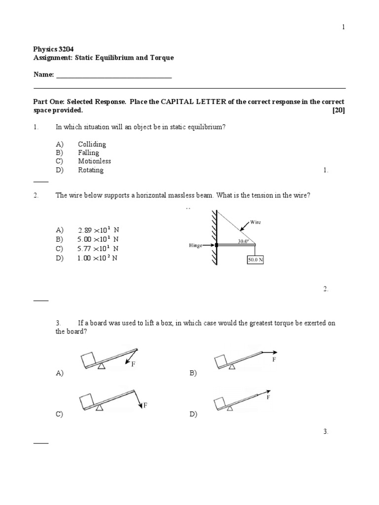 Static Equilibrium And Torque Assignment 2009 10 Pdf Tension