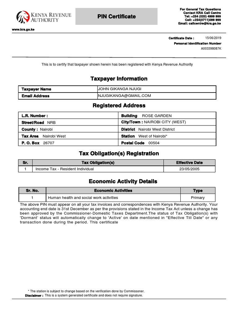 Kra Pin Certificate | PDF | Taxes | Personal Identification Number
