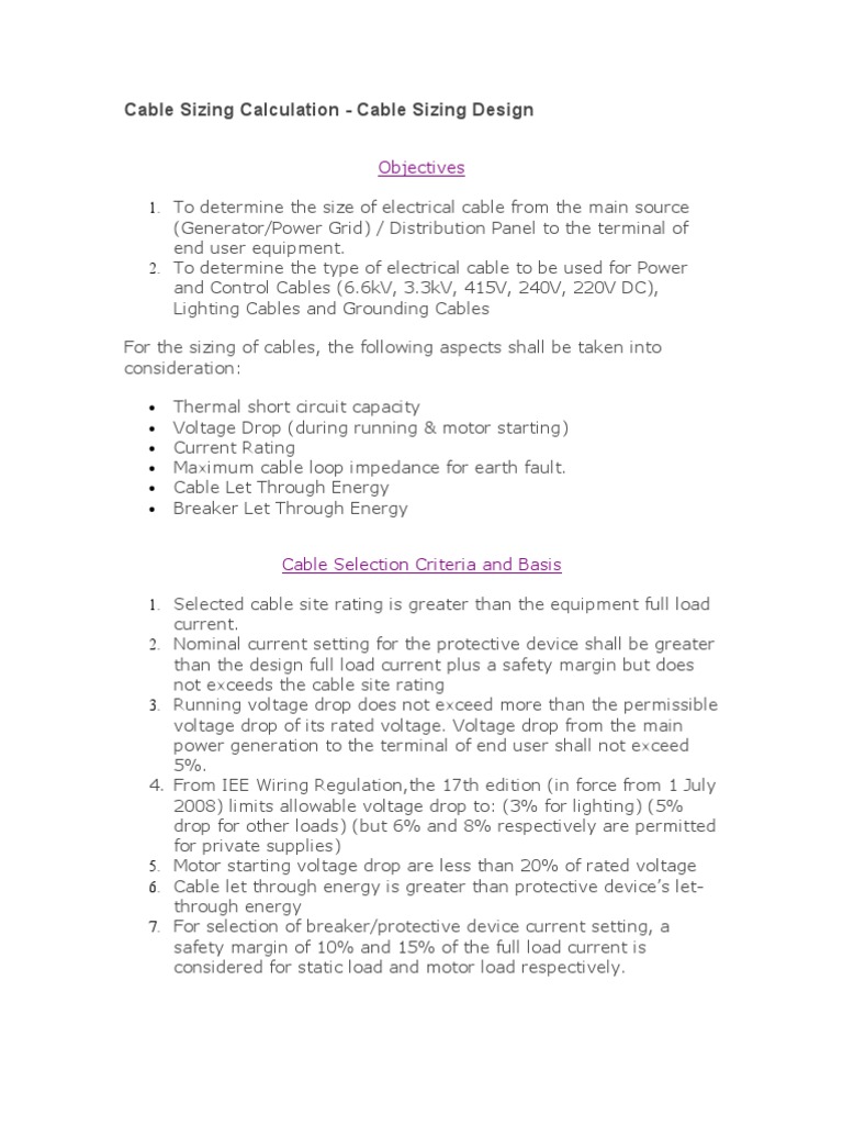 Cable Sizing Calculation | PDF | Electrical Wiring | Electric Current