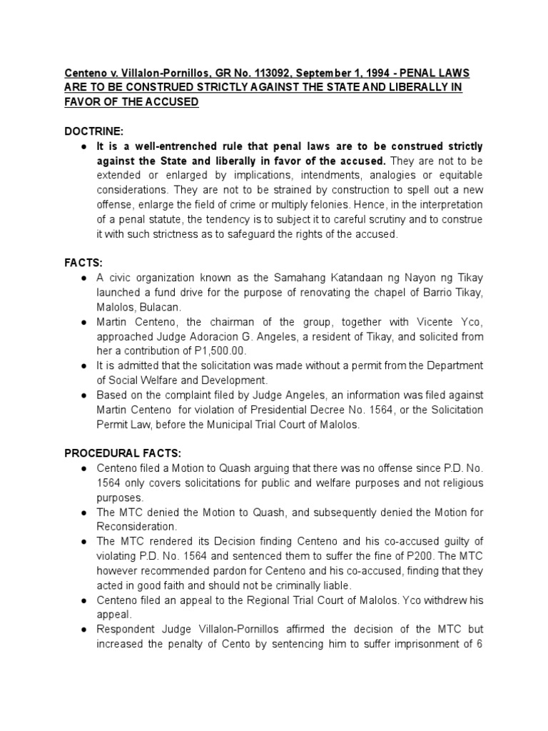 Centeno v. Villalon-Pornillos Digest - Penal Laws Are To Be Construed ...