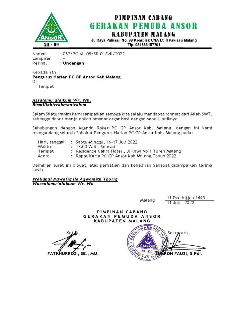 Undangan Raker PC GP Ansor Malang 2022 | PDF