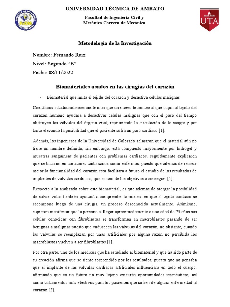 Biomateriales Usados en Ñas Cirugias Del Corazon Fernando Ruiz 2B | PDF ...