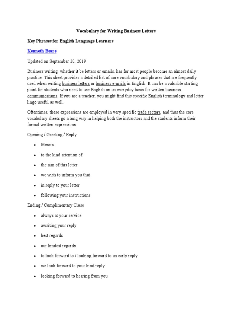 Vocabulary and Phrases For Writing Business Letters | PDF | Receipt ...
