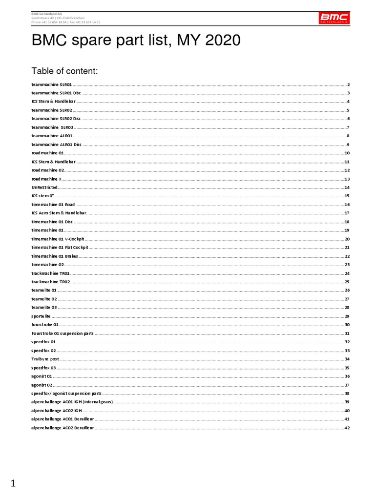 BMC 2020 Spare Part List | PDF | Vehicle Technology | Wheeled Vehicles