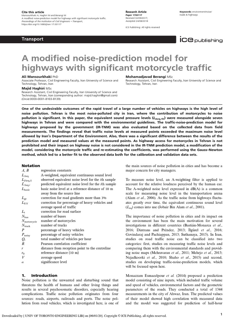 A Modified Noise-Prediction Model For Highways With Significant Motorcycle Traffic | PDF ...