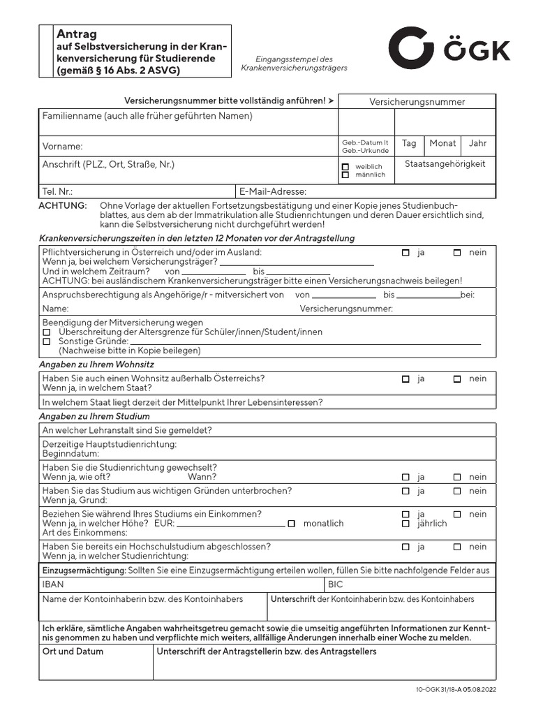 OeGK-31-18-A Antrag Selbstversicherung Studierende05082022 | PDF