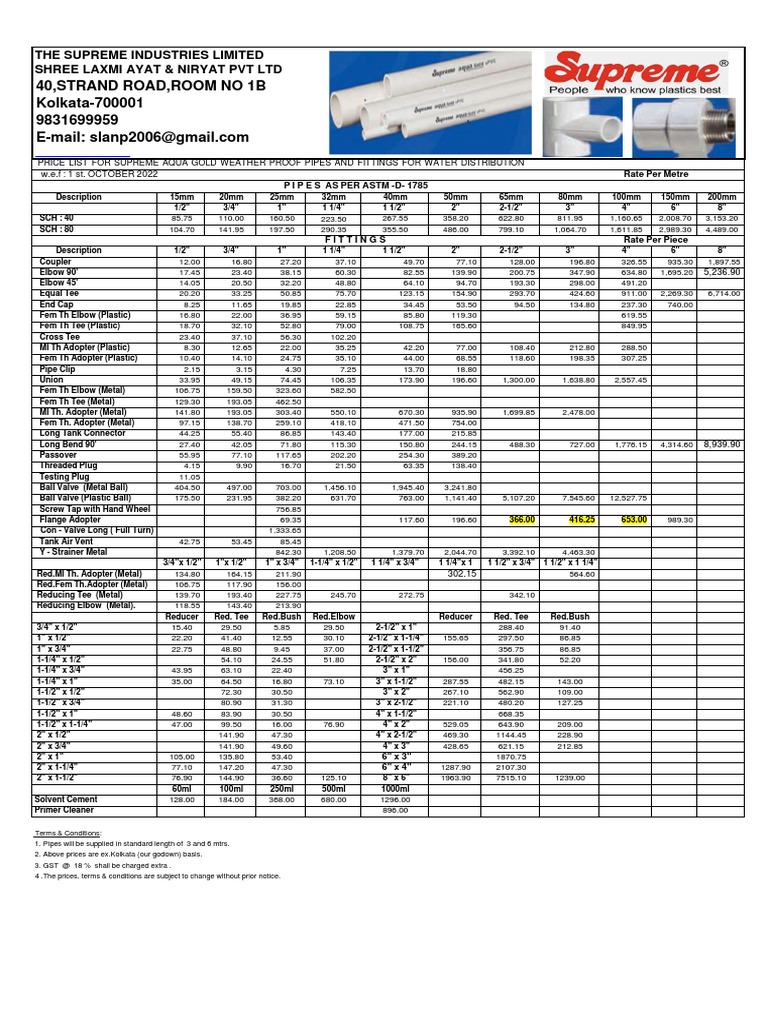 Supreme UPVC Aqua Gold Price List 01-10-2022 | PDF | Electrical ...