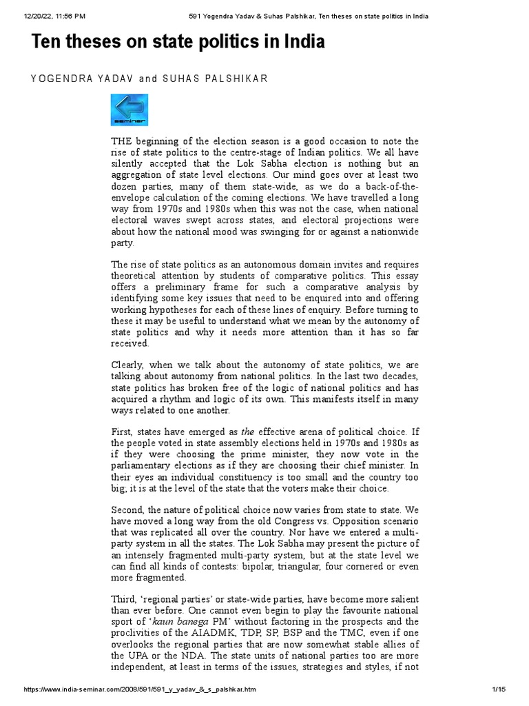 Ten Theses on State Politics in India | PDF | Democracy | Political ...
