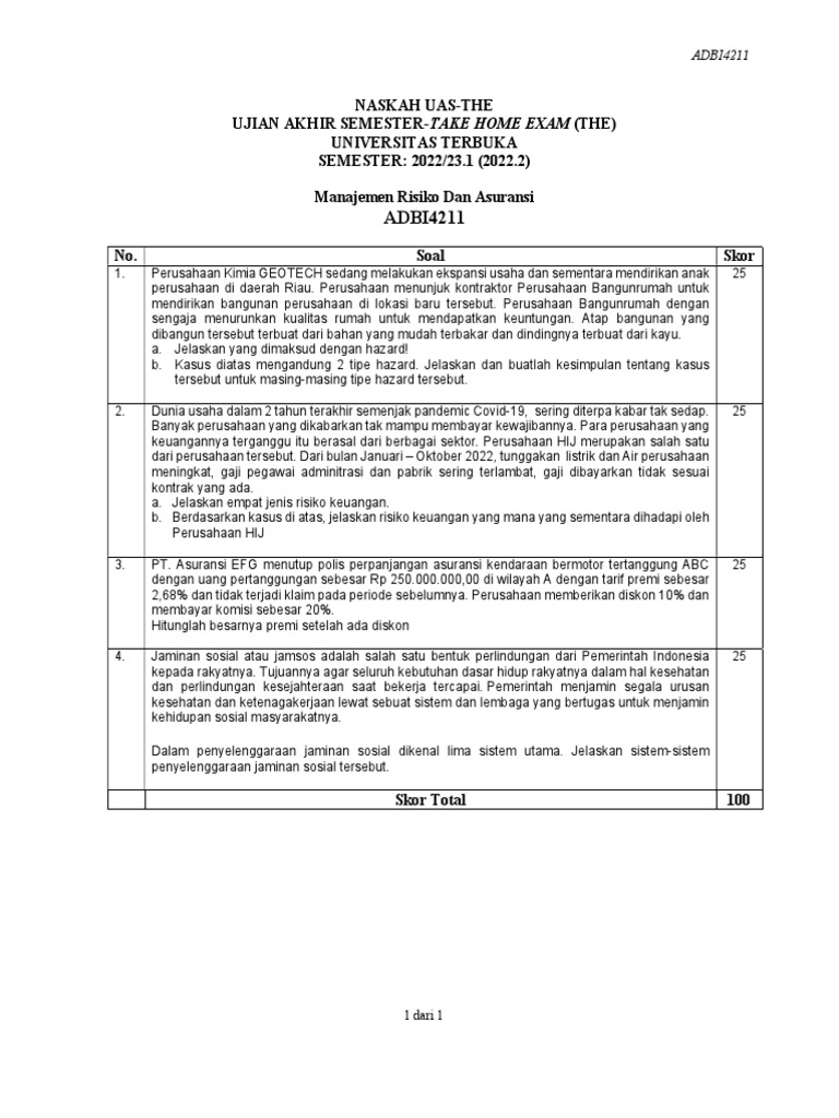 UAS Manajemen Risiko & Asuransi | PDF