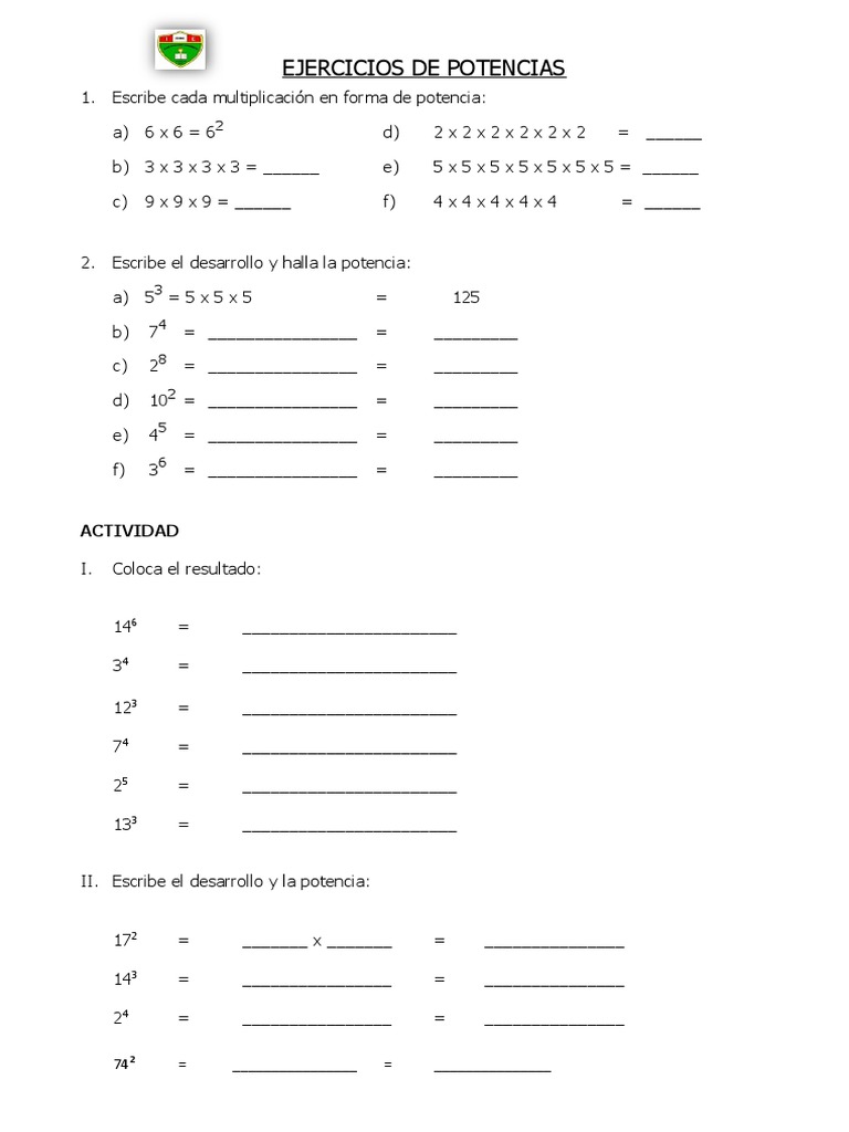 Ficha Ejercicios de Potencias para Cuarto de Primaria | PDF