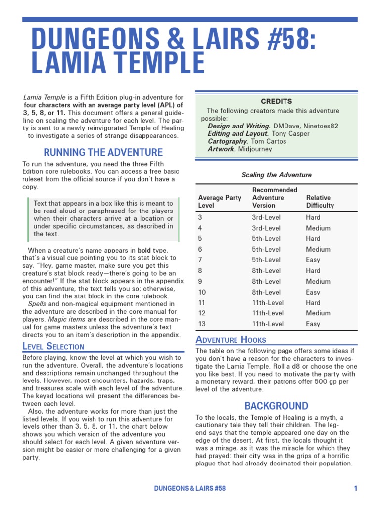 DMDave - Dungeons & Lairs 58 - Lamia Temple - Full Version | PDF | Monsters DMDave - Dungeons & Lairs 58 - Lamia Temple - Full Version | PDF | Monsters