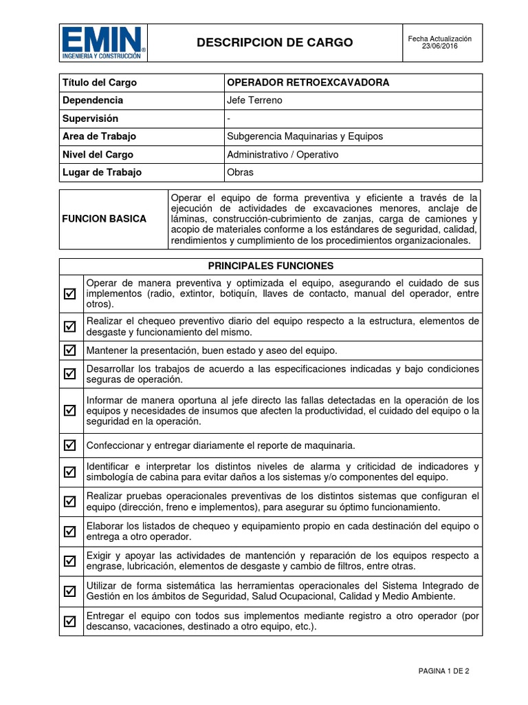 Descriptor de Cargo - Excavadora Ceballos Moises | PDF | Seguridad y ...