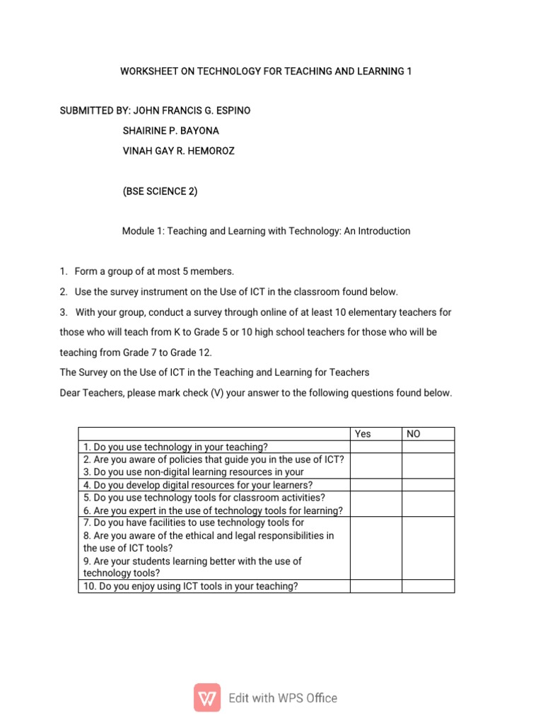 Technology Worksheet for Educators | PDF