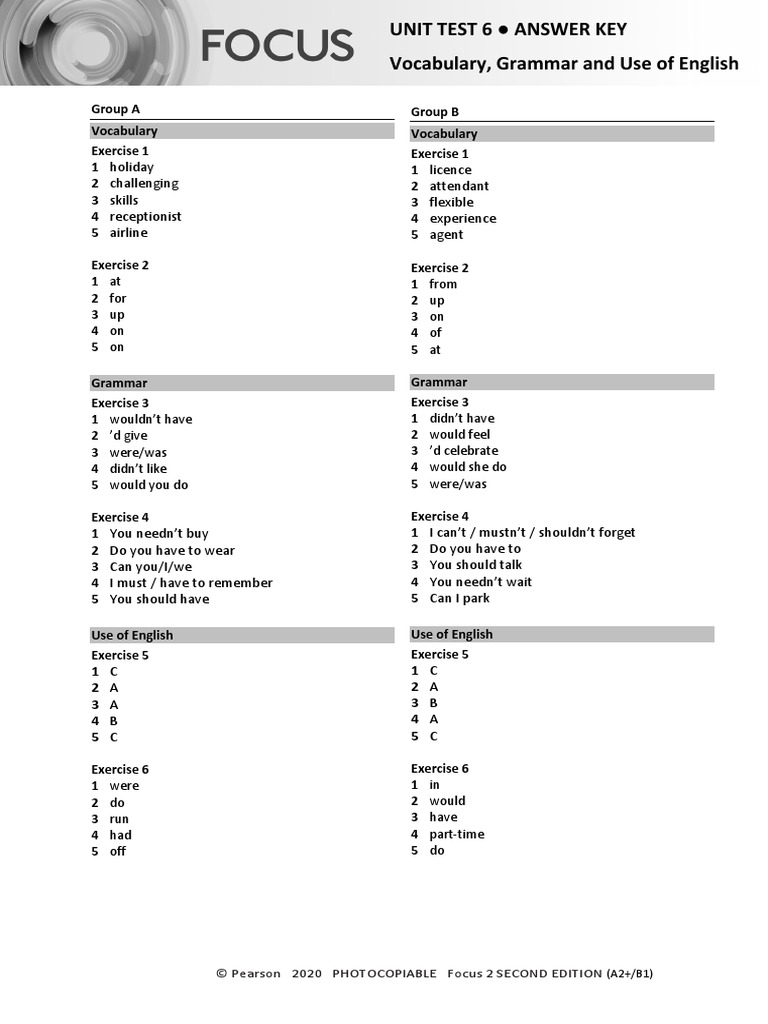 Focus2 2E Unit Test Vocabulary Grammar UoE Unit6 GroupA B ANSWERS | PDF