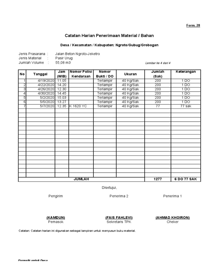 Catatan Harian Penerimaan Material (Infrastruktur) | PDF