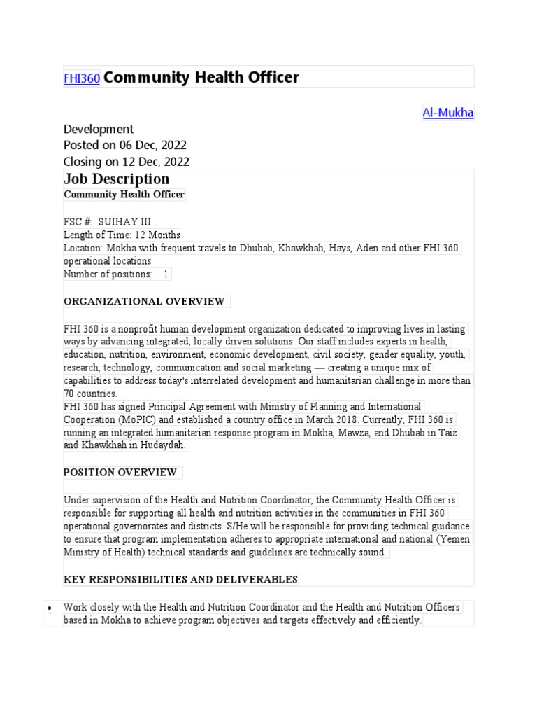 FHI360 Community Health Officer | PDF | Humanitarian Aid | Patient