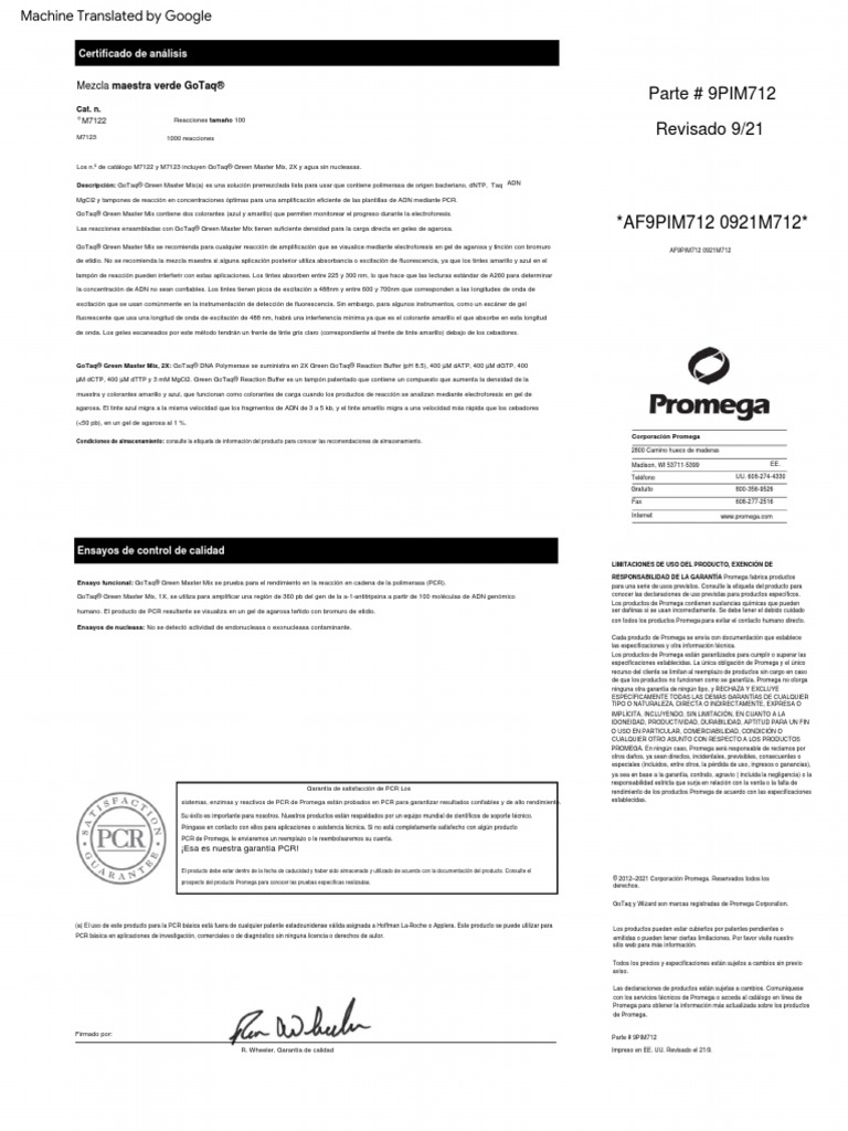 Gotaq Green Master Mix Protocol | PDF | Reacción en cadena de la ...
