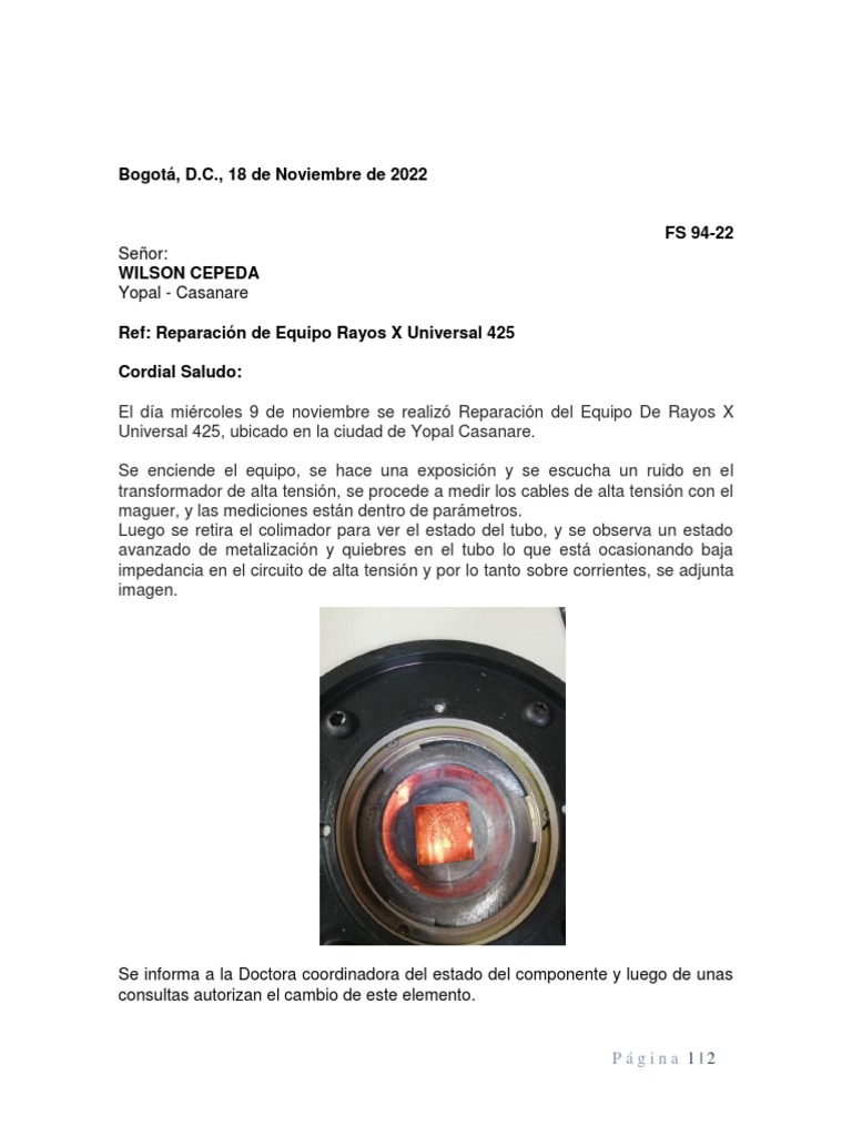 FS 94-22 Reparacion Rayos X Universal 425 - Wilson Cepeda Yopal | PDF