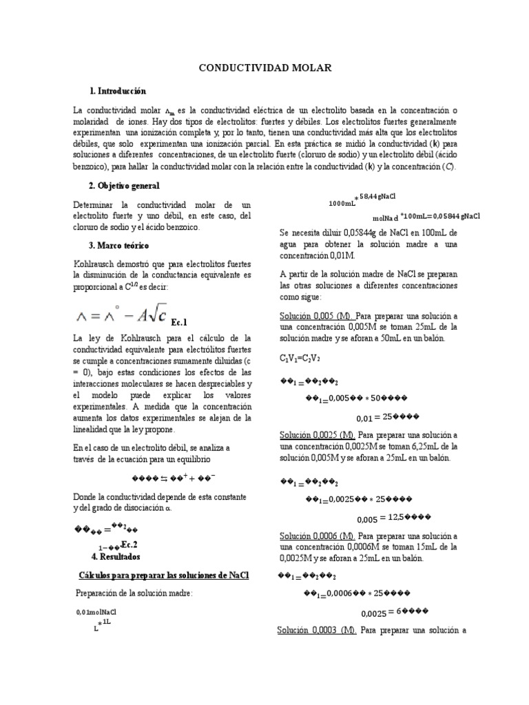 Conductividad Molar de NaCl y Ácido Benzoico | PDF | Química Física | Física