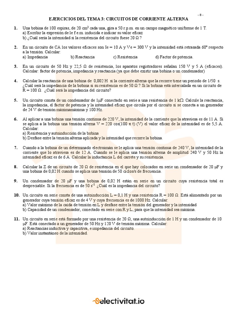 Ejercicios Del Tema 3 Circuitos de Corriente Alterna | PDF | Impedancia eléctrica | Energia ...