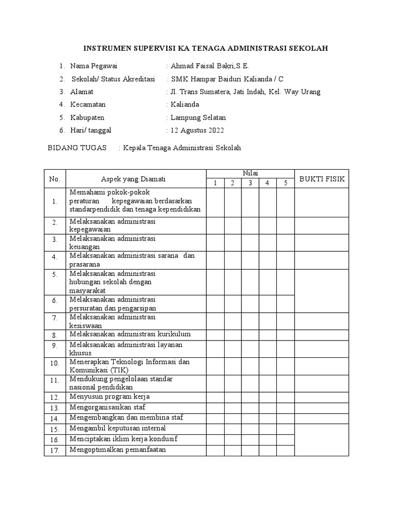B. Instrumen Supervisi Tenaga Kependidikan | PDF