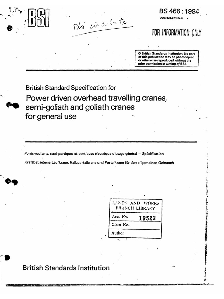 BS466-1984 - Overhead Cranes | PDF