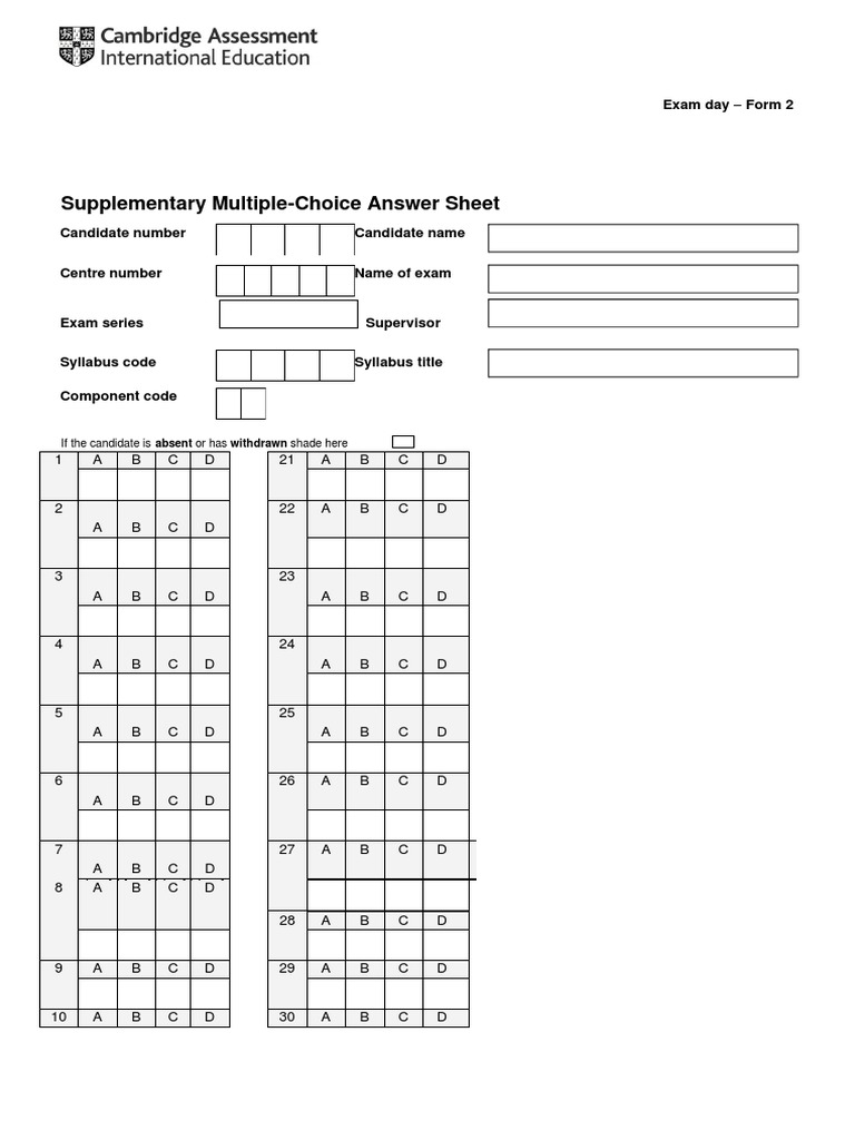 Supplementary MCQ Answer Sheet | PDF | Teaching Methods & Materials