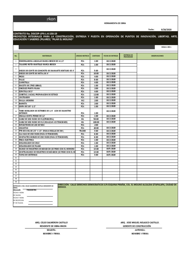 Requisicion. (Herramienta de Obra) | PDF