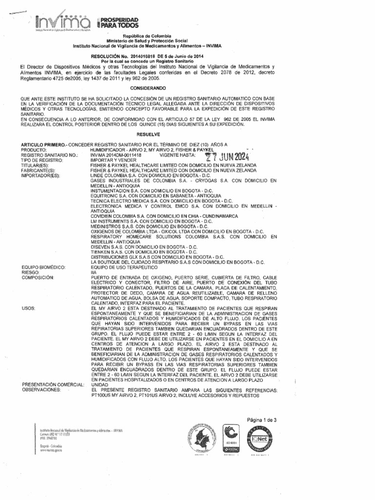 Registro Invima Equipo de Alto Flujo | PDF | Cuidado de la salud ...