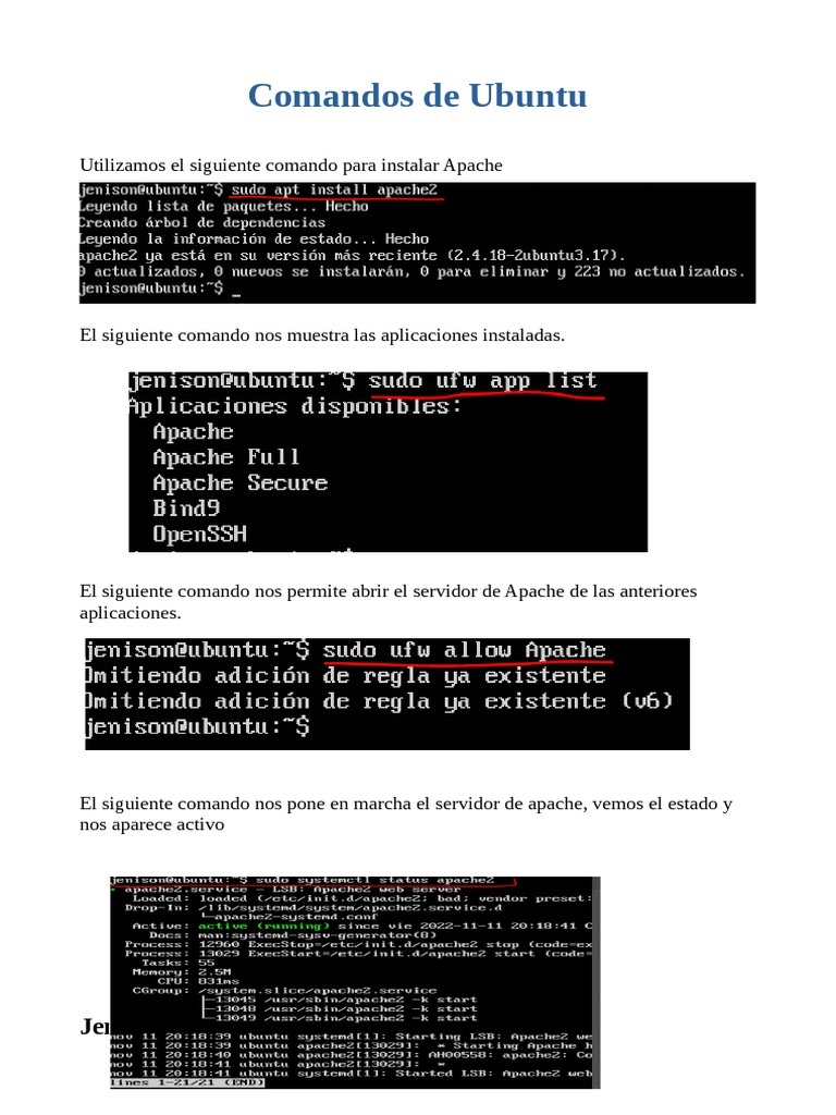 Comandos básicos de Ubuntu para instalar y configurar Apache | PDF