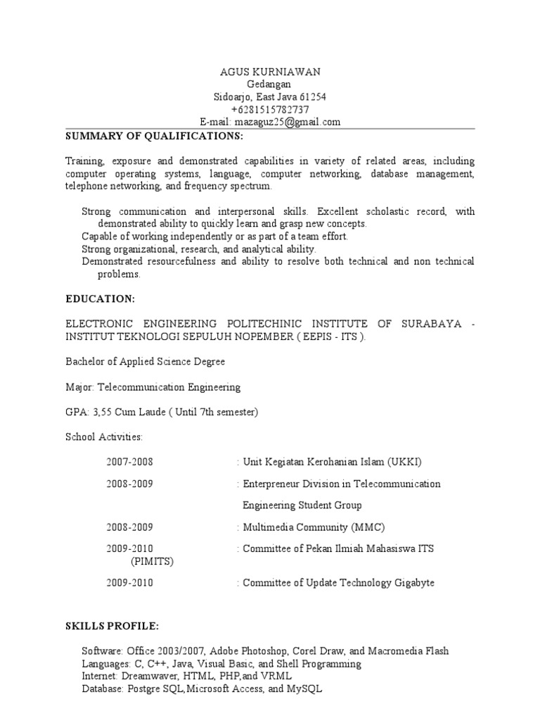 Qualifications Summary of Agus Kurniawan | PDF