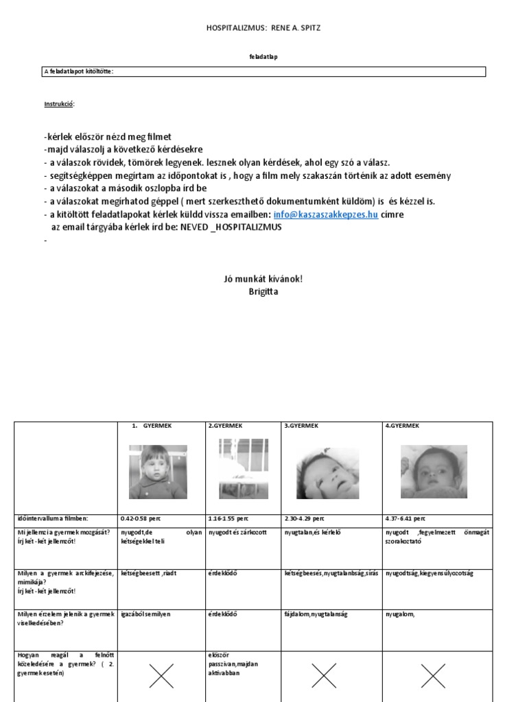 Feladatlap Hospitalizmus Rene Spitz | PDF