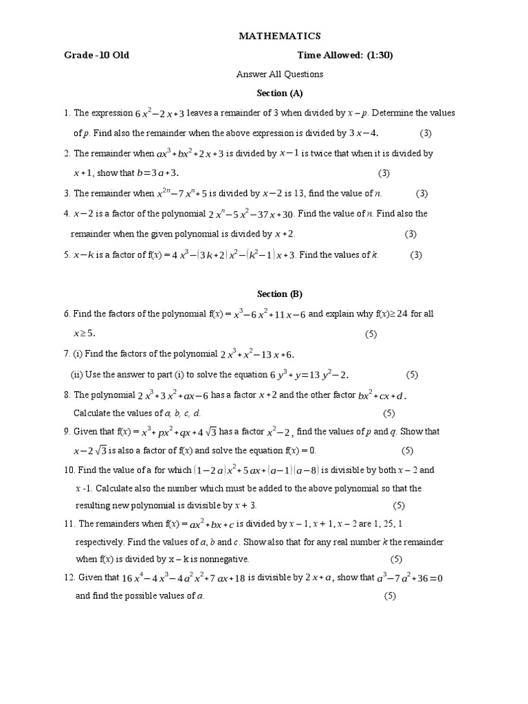 G10 Old Exam | PDF | Polynomial | Factorization