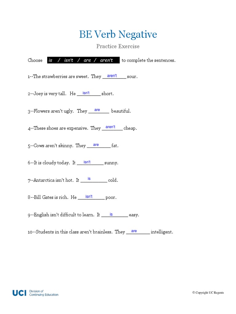 Pr7 - BE Verb Negative Practice Exercise | PDF