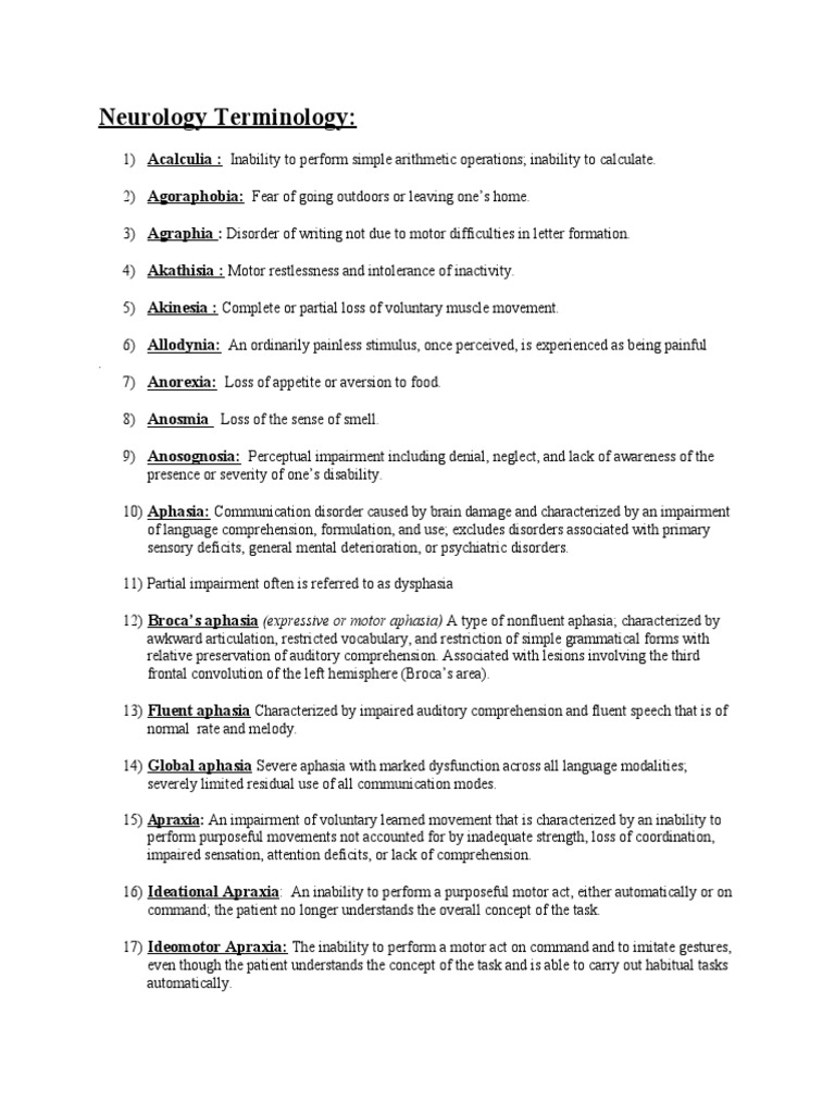 Neurology Terminology | PDF | Aphasia | Symptoms And Signs