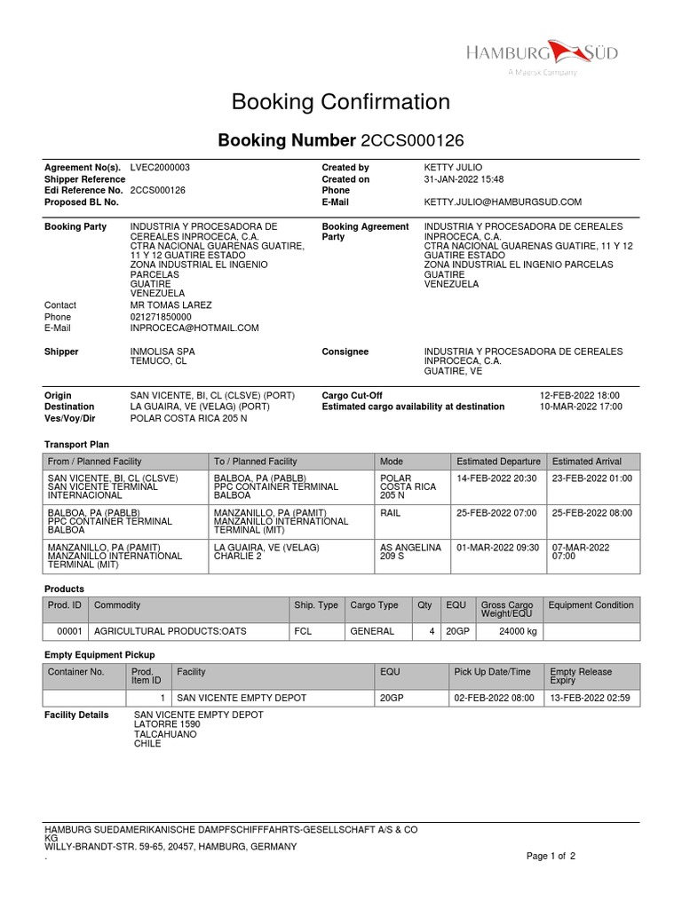 Booking Confirmation for Shipment of Agricultural Oats from Chile to ...