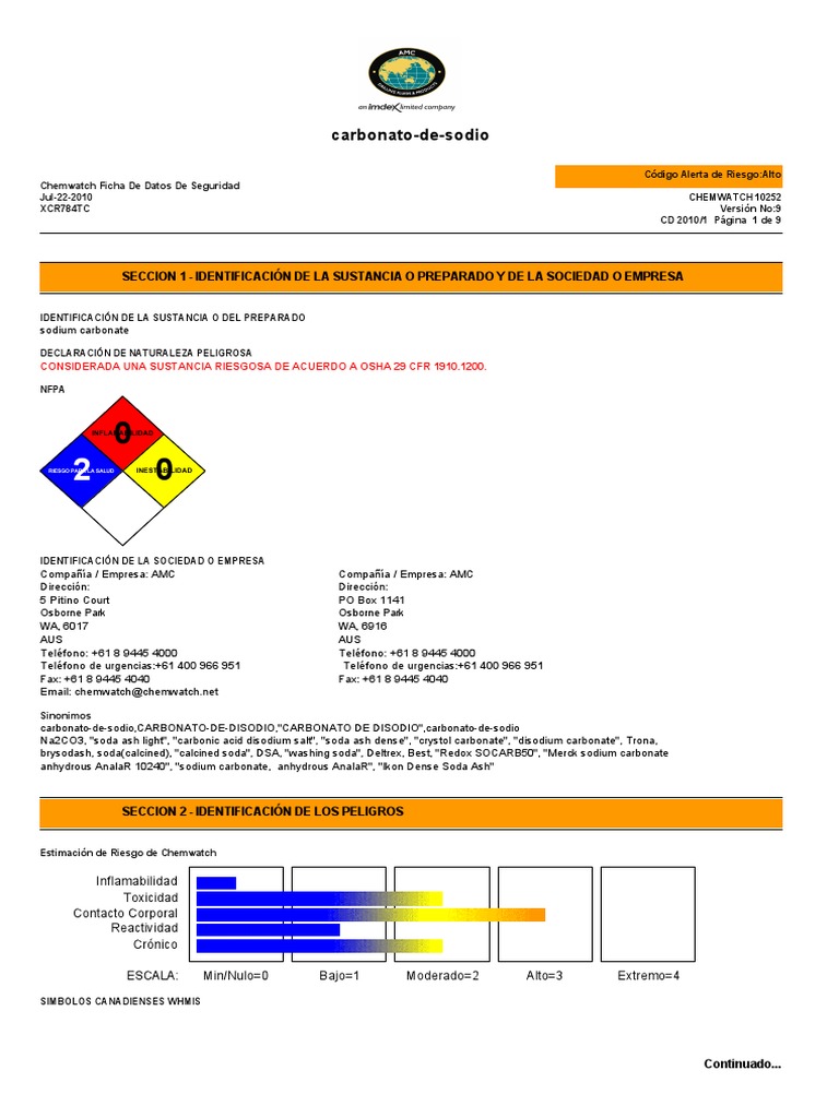 Soda Ash MSDS Spanish | PDF | Agua | Contaminación