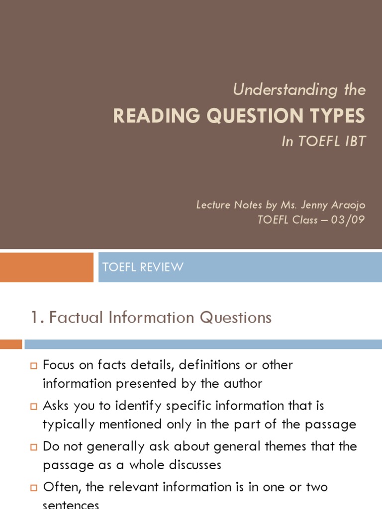 Understanding The Reading Question Types in TOEFL iBT | PDF | Question | Sentence (Linguistics)